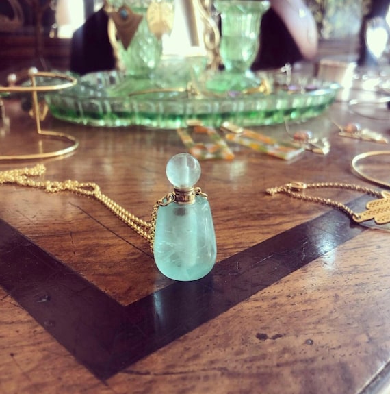 Fluorite Perfume Bottle Long Chain Pendant | Etsy