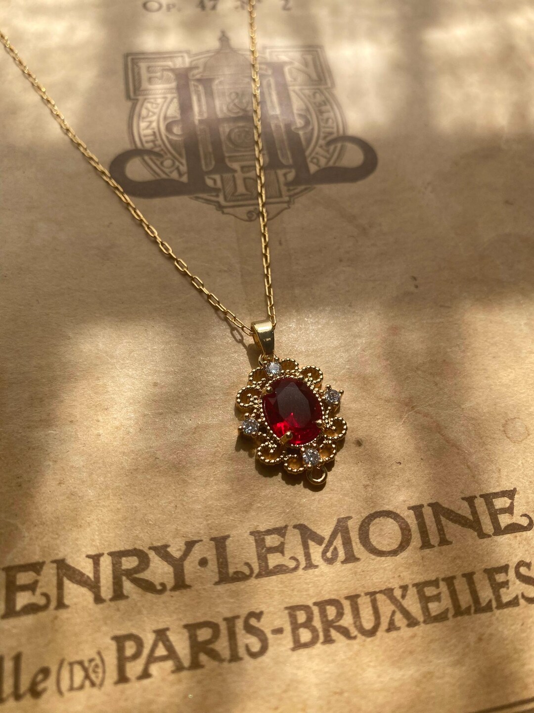 Vintage Style Ruby Red Jewel Necklace | Ornate Crystal Pendant on Gold ...
