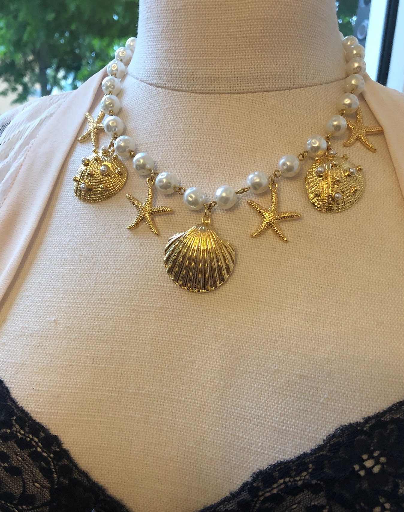 Gold Shell & Starfish Pearl Necklace | Etsy