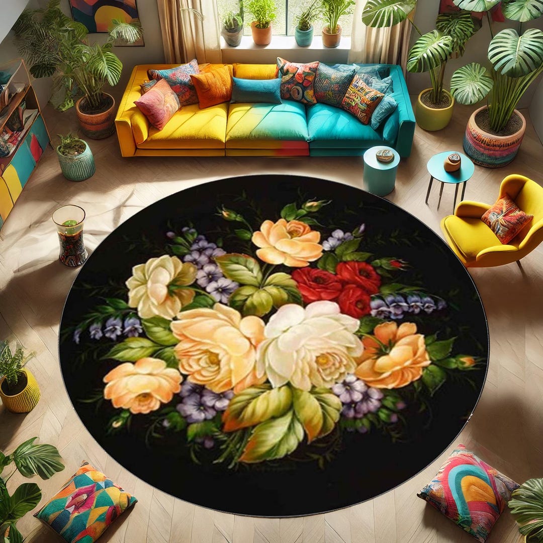Colorful Flower Round Rug,round Rug,flower Rug,washable Rug,non-slip ...
