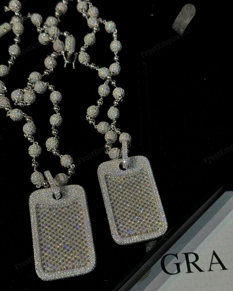 Iced Out Dog Tag Pendant, Baguette Moissanite Charm, 925 Silver White ...