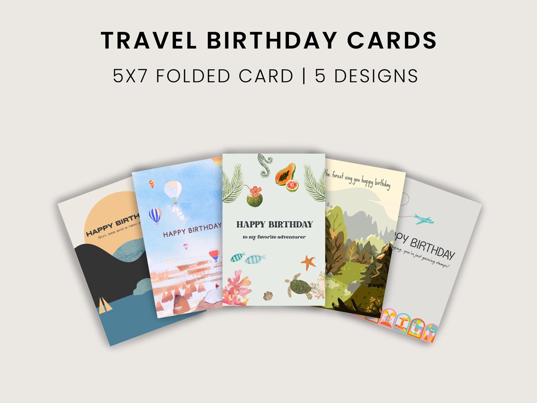 Travel Birthday Cards Pack – Sunset, Nature, Airplane, Tropical – 5 ...
