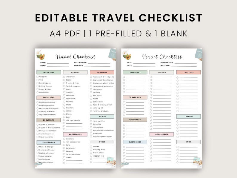 Travel Checklist Printable – 2 Page PDF | Pre-filled & Blank Packing ...