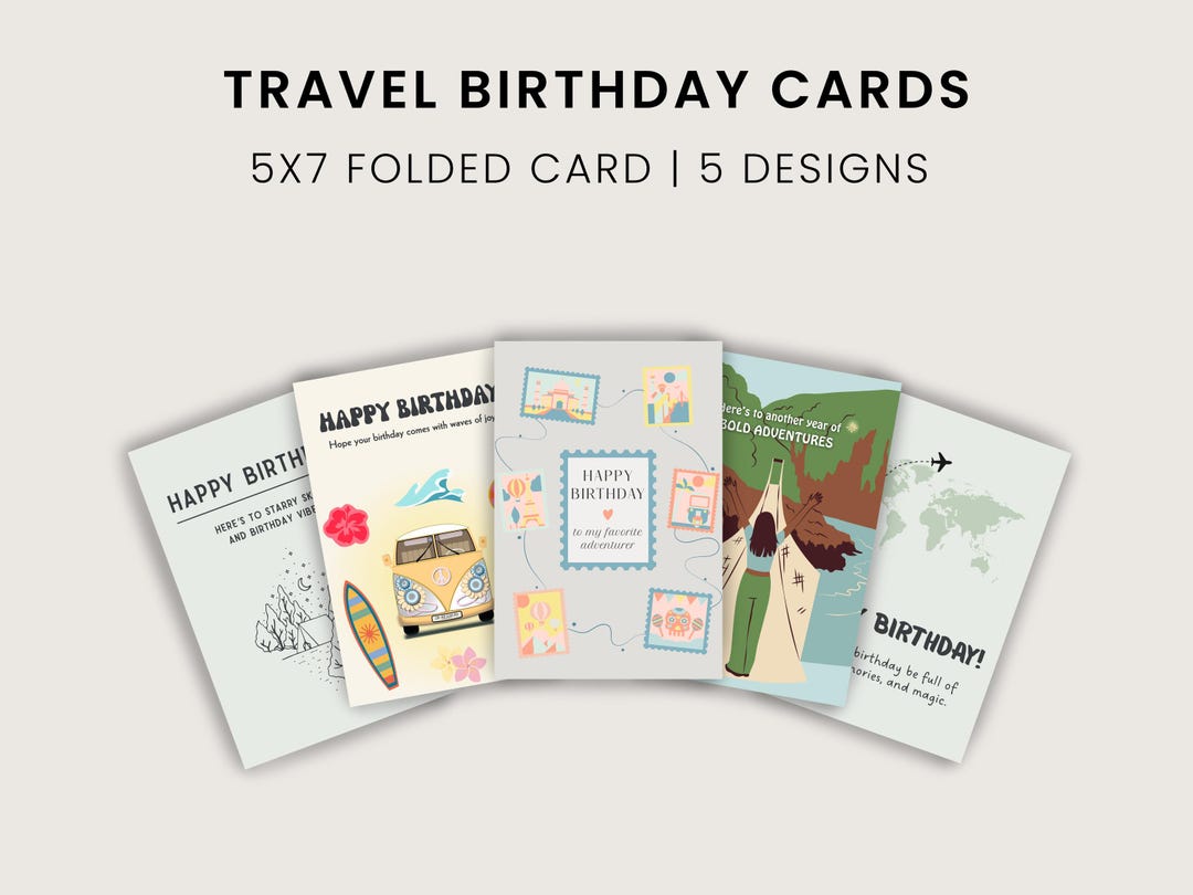 Travel Birthday Cards Pack – Camping, Travel Map, Hippie Style ...