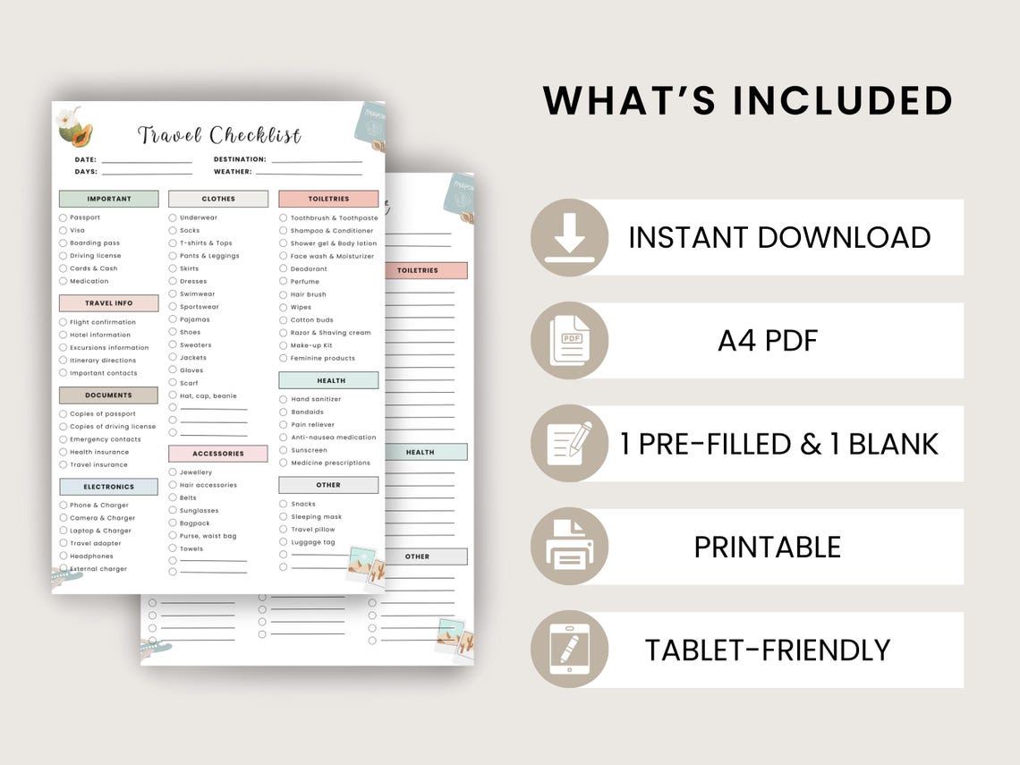 Travel Checklist Printable – 2 Page PDF | Pre-filled & Blank Packing ...