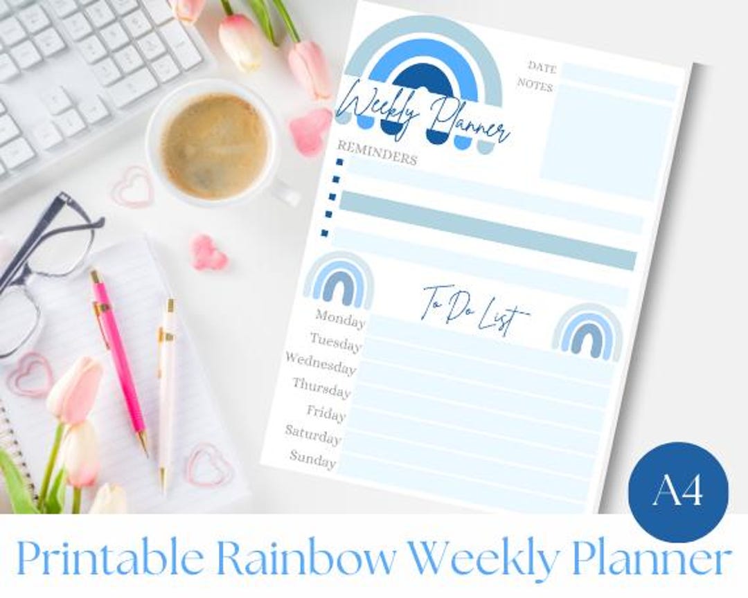 A4 Weekly Planner Printable, Portrait Design Digital Download, Rainbow ...