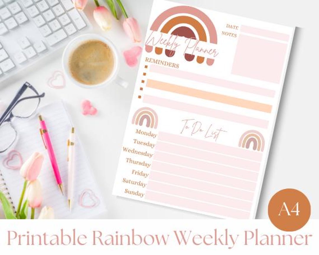 A4 Weekly Planner Printable, Portrait Design Digital Download, Rainbow ...