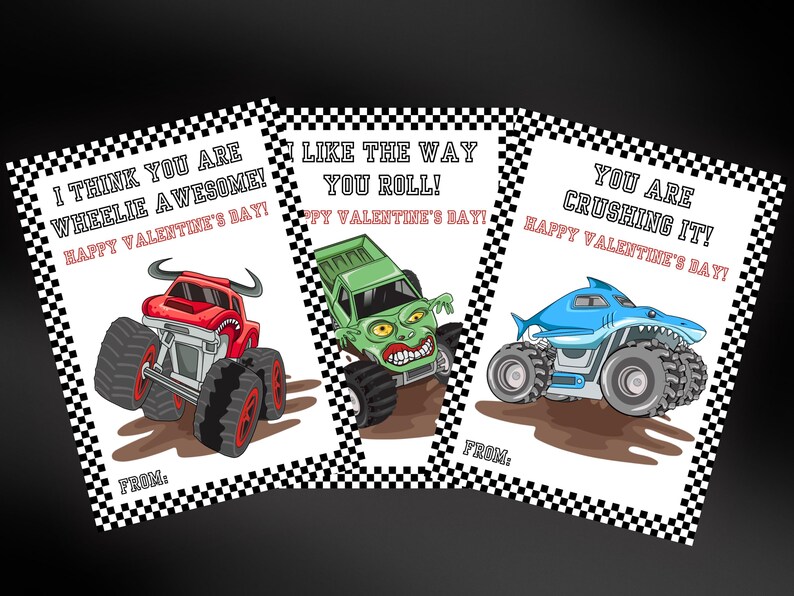 Monster Truck Valentine's Day Cards, Kids Printable Classroom Valentine ...