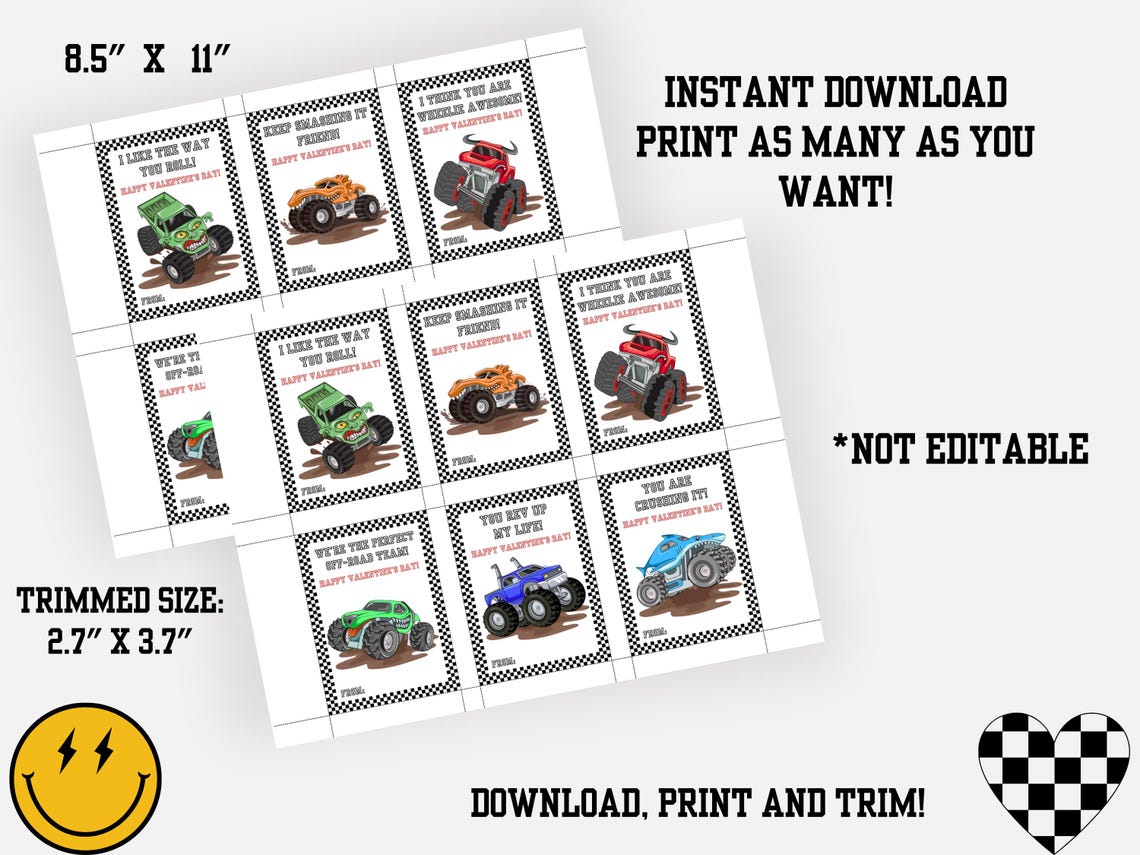 Monster Truck Valentine's Day Cards, Kids Printable Classroom Valentine ...