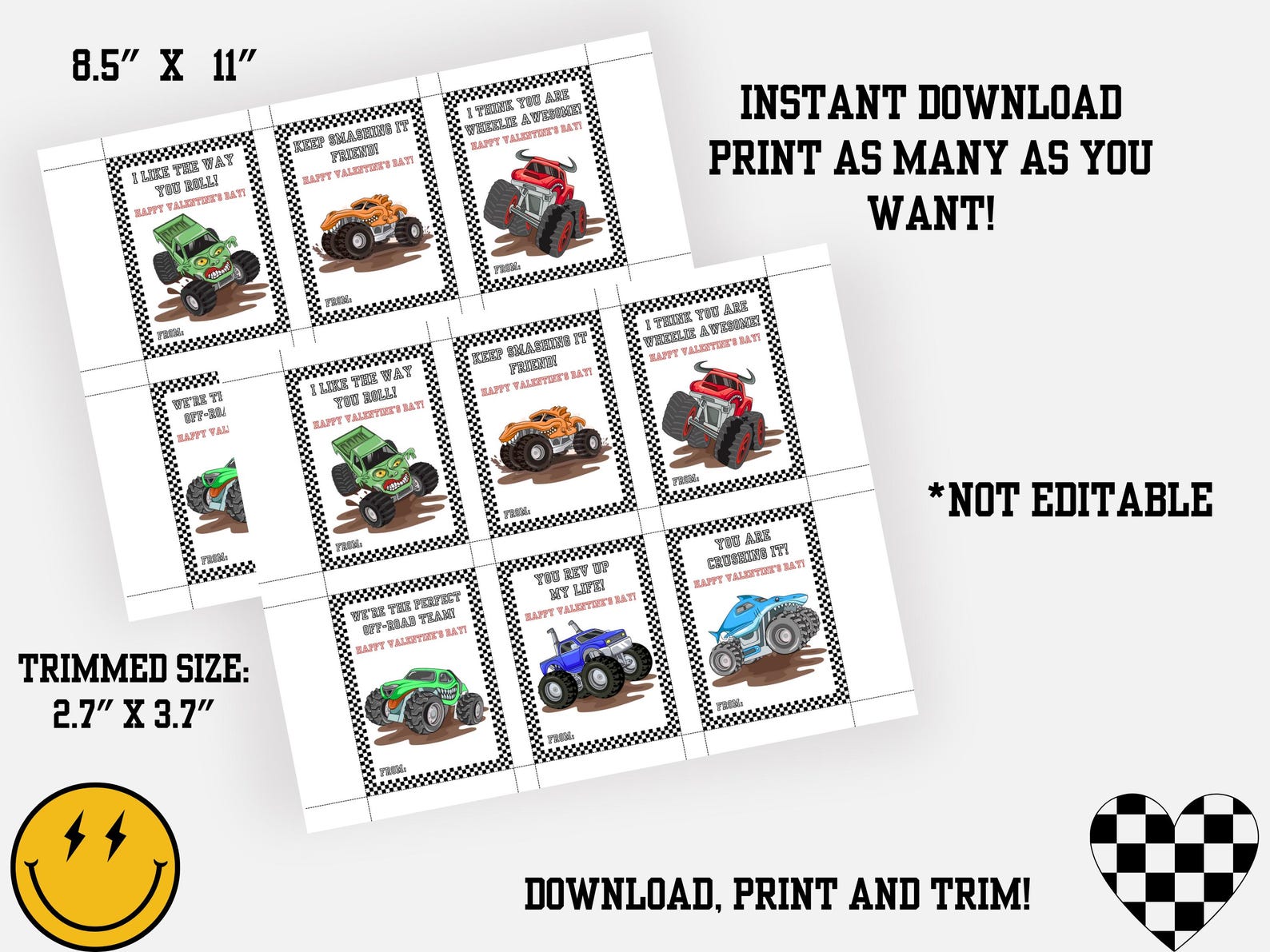 Monster Truck Valentine's Day Cards, Kids Printable Classroom Valentine ...