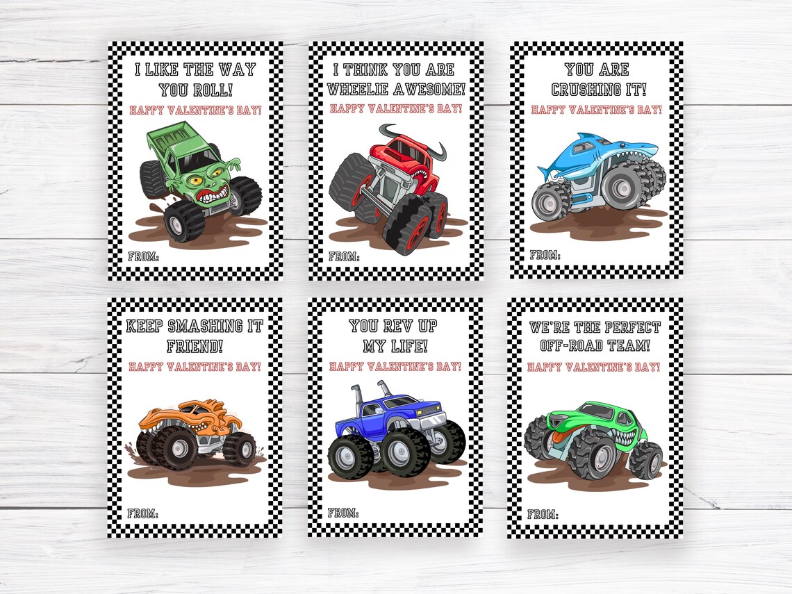 Monster Truck Valentine's Day Cards, Kids Printable Classroom Valentine ...