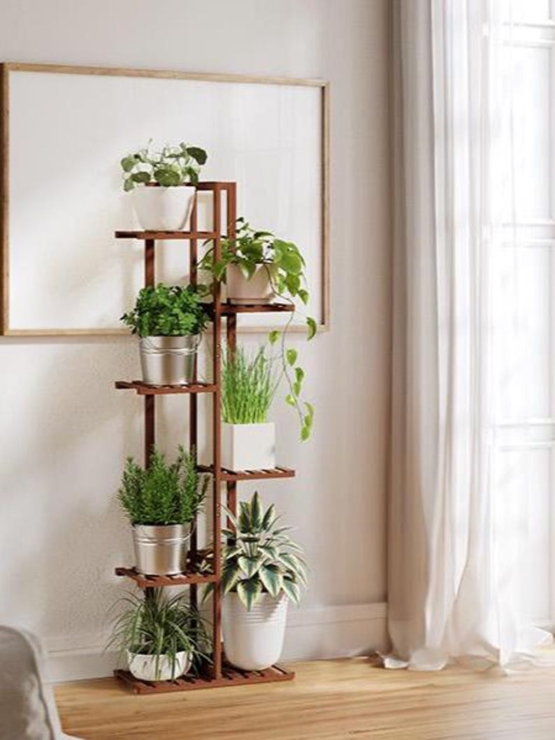 Handmade Bamboo Plant Stand: 6-tier Corner Shelf, Holds 7 Potted Plants ...
