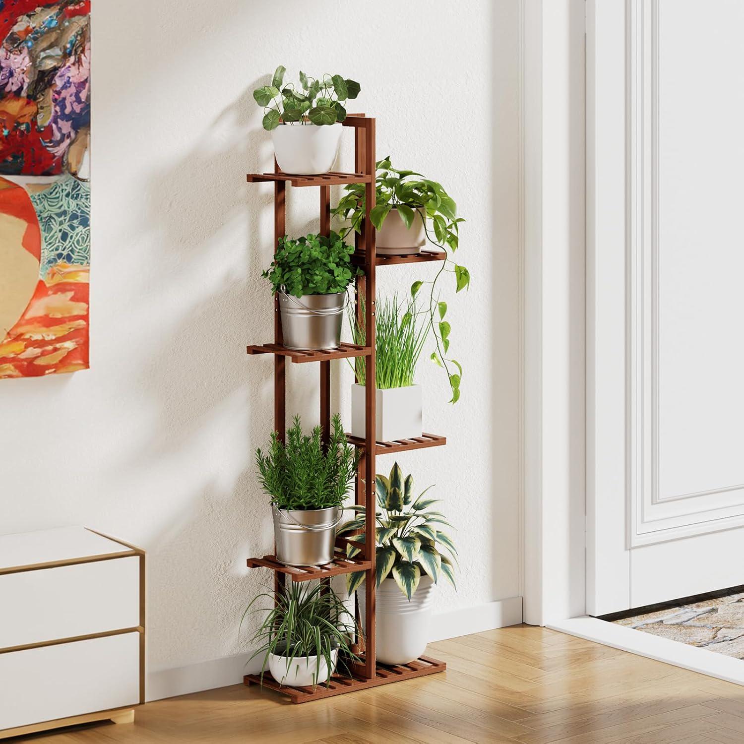 Handmade Bamboo Plant Stand: 6-tier Corner Shelf, Holds 7 Potted Plants ...