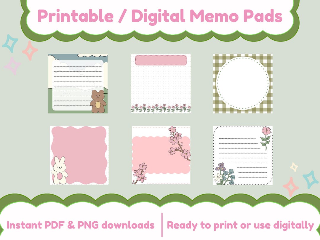 Kawaii Bunny and Bear Printable and Digital Memo Pad / Digital Download ...