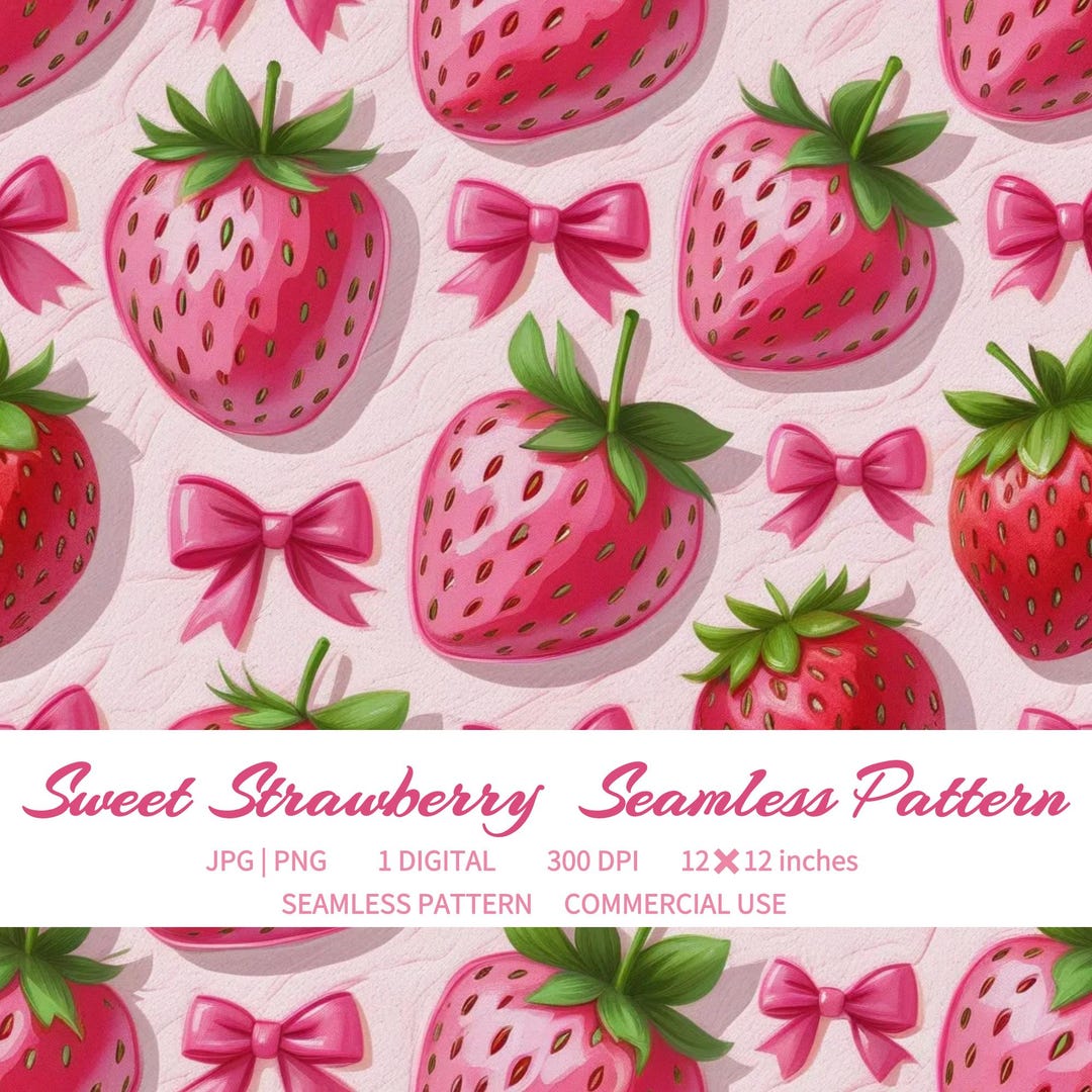Strawberry Pink Bows Seamless Pattern, Kawaii Fruit Design (digital) - Etsy