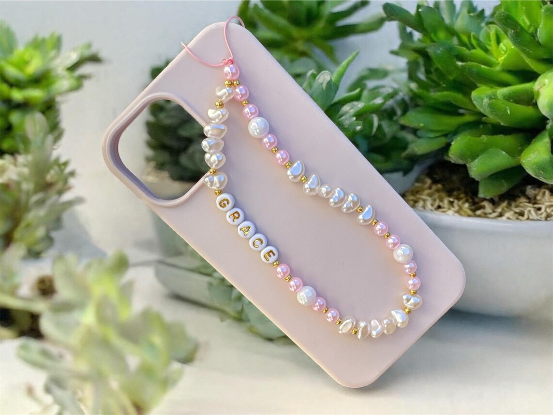 Rose Pearl Beaded Phone Charm Custom Name Phone Strap - Etsy