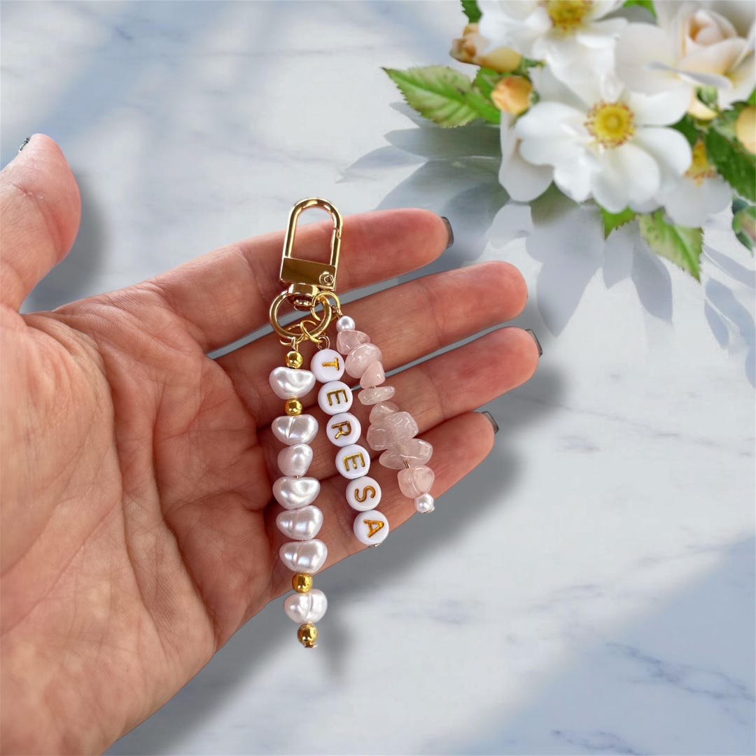 Rose Quartz Bag Charm Beaded Keychain With Faux Pearls Personalised ...