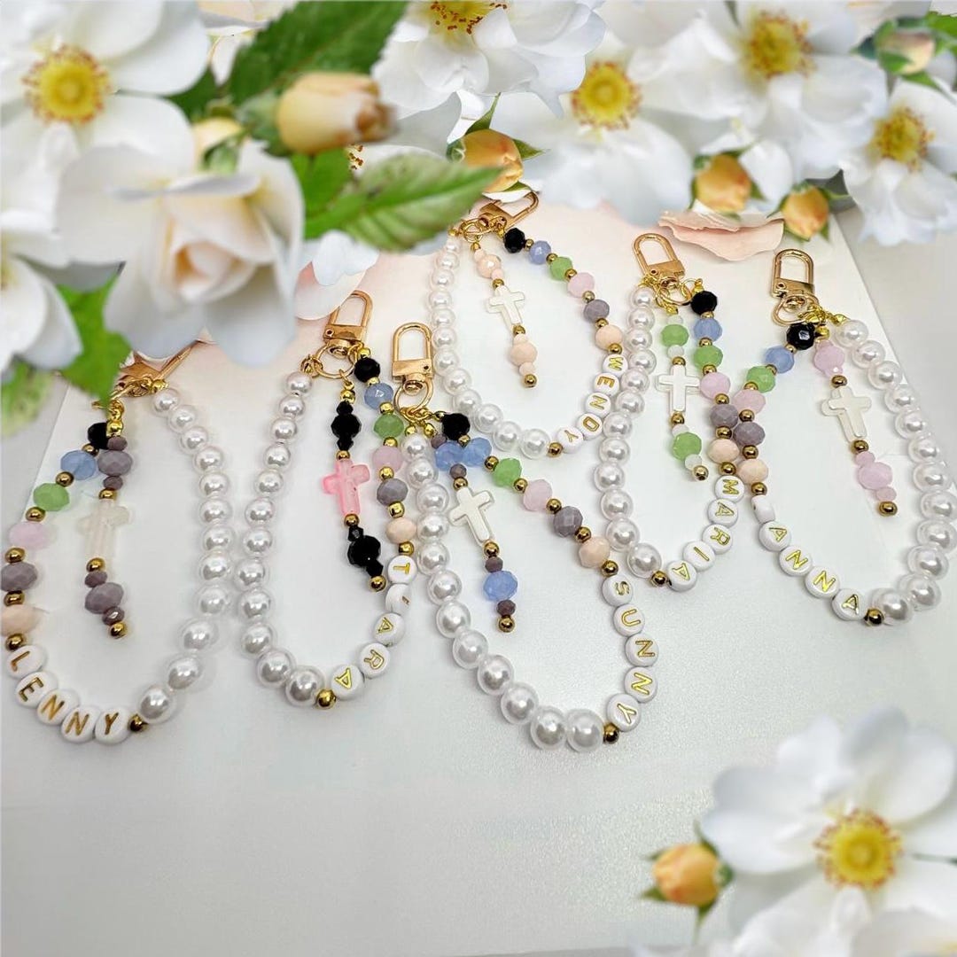 Personalised Pearl Beaded Keychain Christian Name Keychain Bag Charm ...