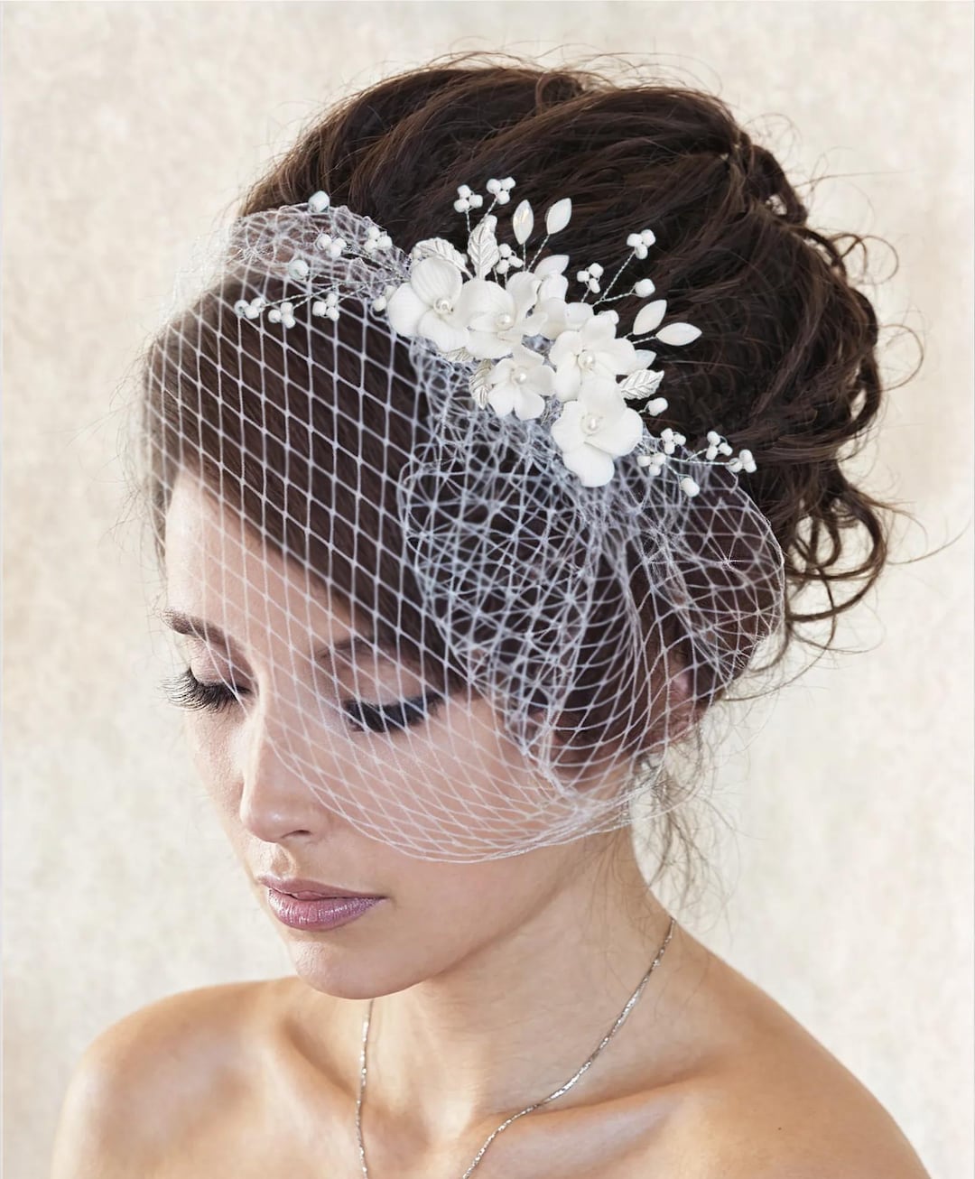 Birdcage Veil: French Netting, Porcelain Floral Comb, Bridal Headpiece ...