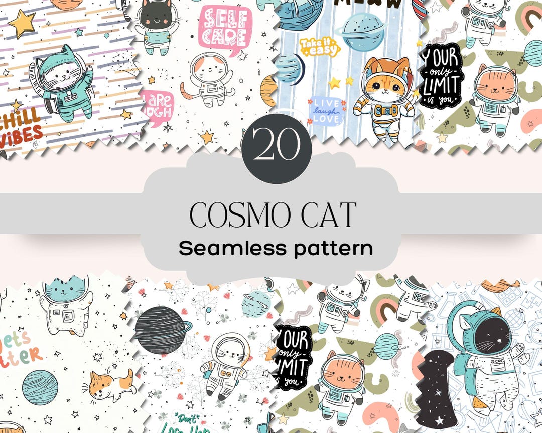 Cosmo Cat Cute Space Cat Seamless Pattern Bundle Galactic Feline ...