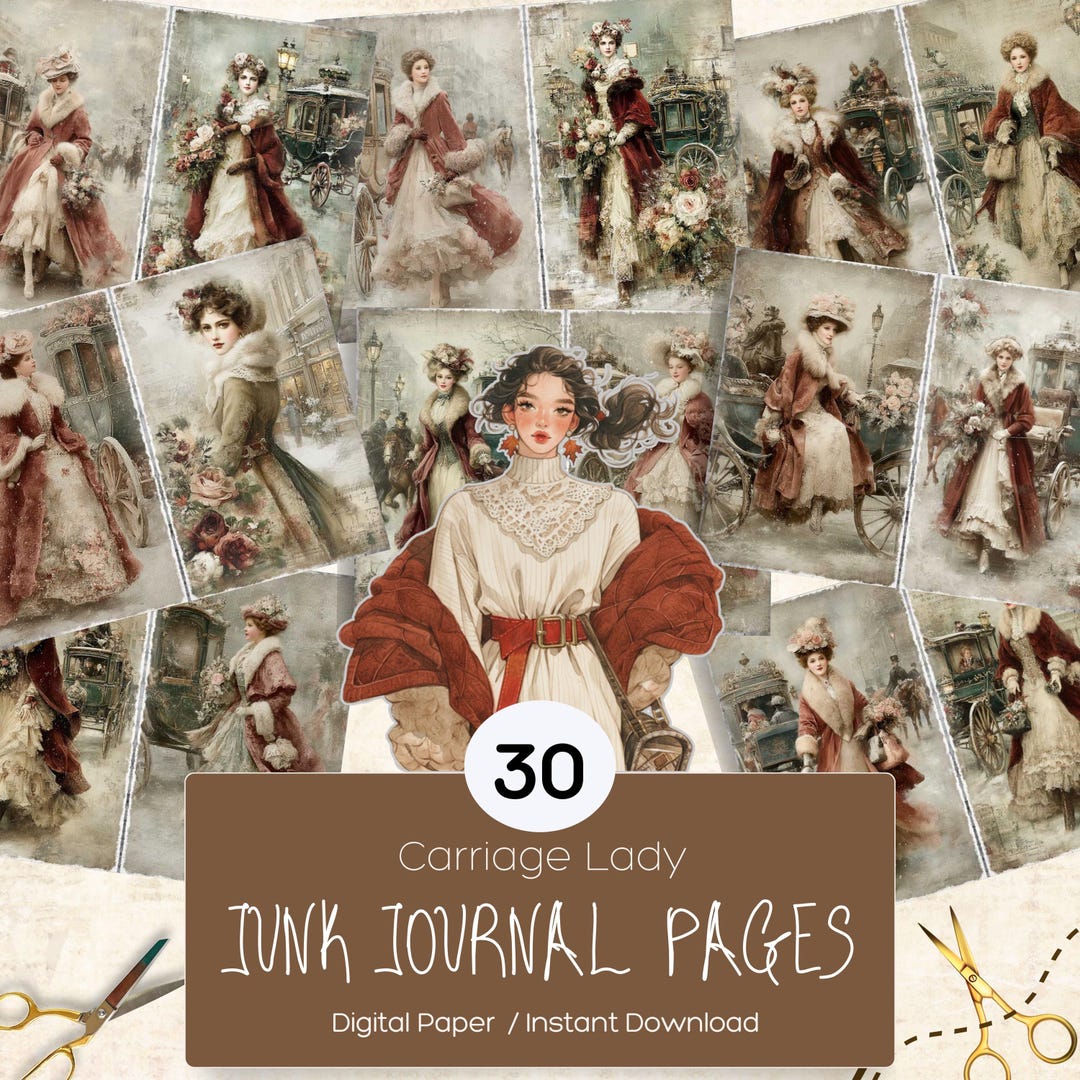 Carriage Lady Victorian Printable Junk Journal Kit, Scrapbook Paper Set ...