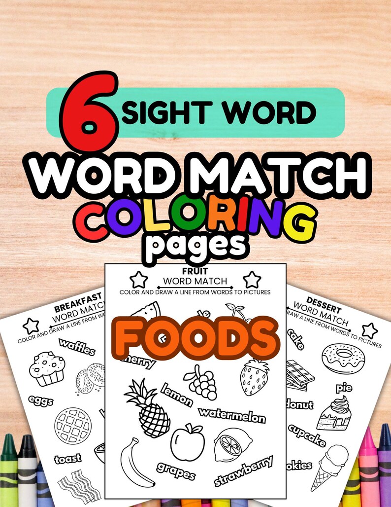 Sight Word Food Match: 6 Coloring Pages (PDF Pattern) - Etsy