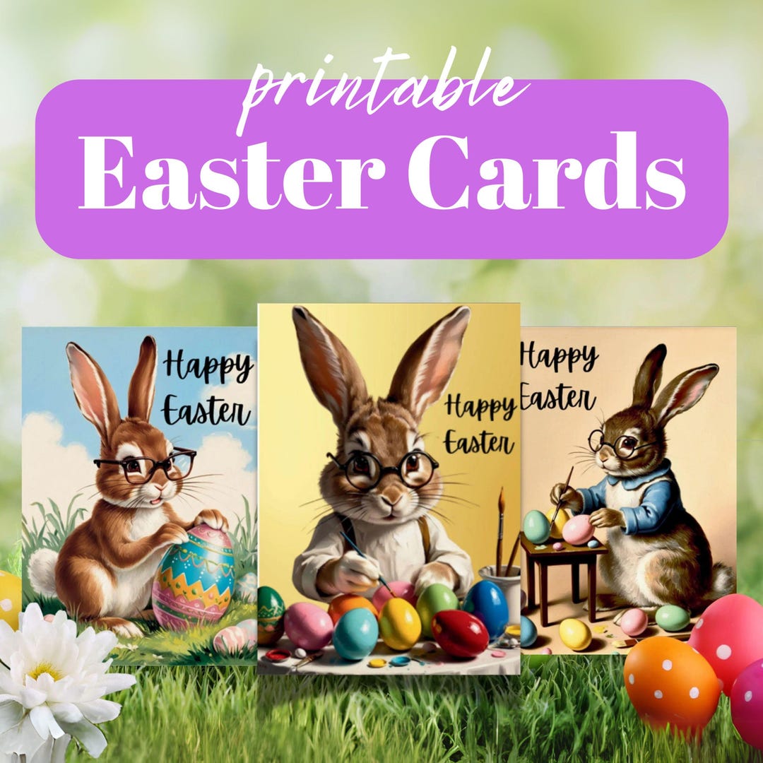 Printable Easter Card Vintage Bunny Painting Easter Eggs Digital Happy ...