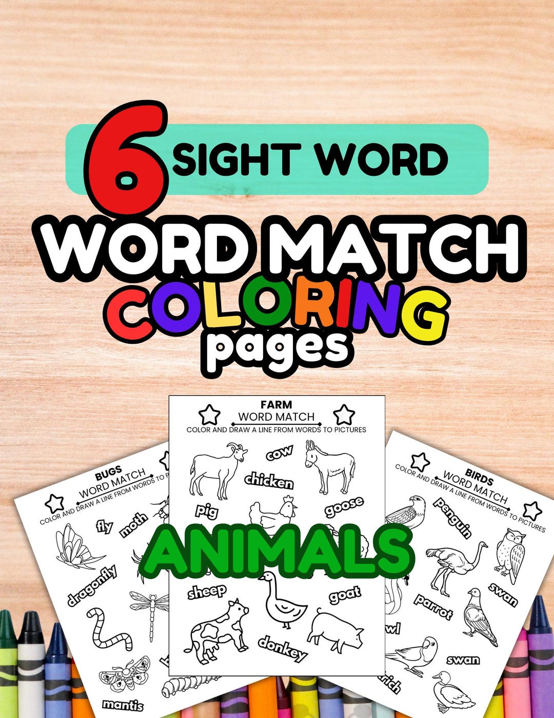 Printable Word Match Games, Animal Names Sight Words Activity Sheets, 6 ...