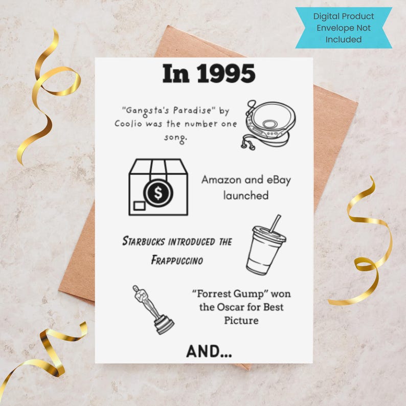 Birthday Card 30th 1995 Printable Birthday Card Digital Download for ...