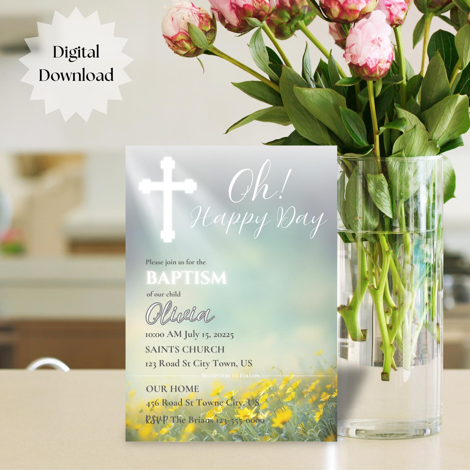 Editable Baptism Invitation Template Floral Field Sunshine Printable ...