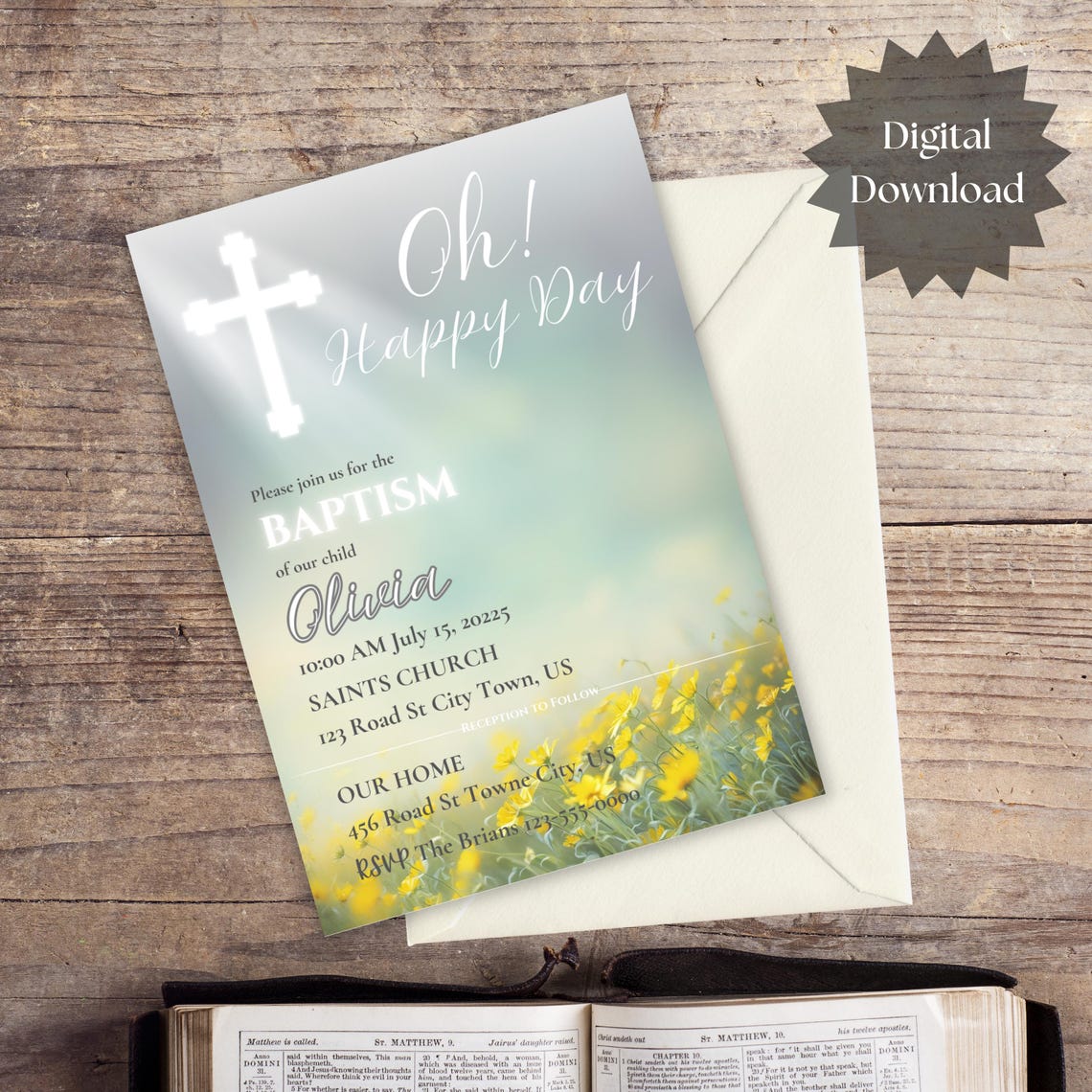 Editable Baptism Invitation Template Floral Field Sunshine Printable ...