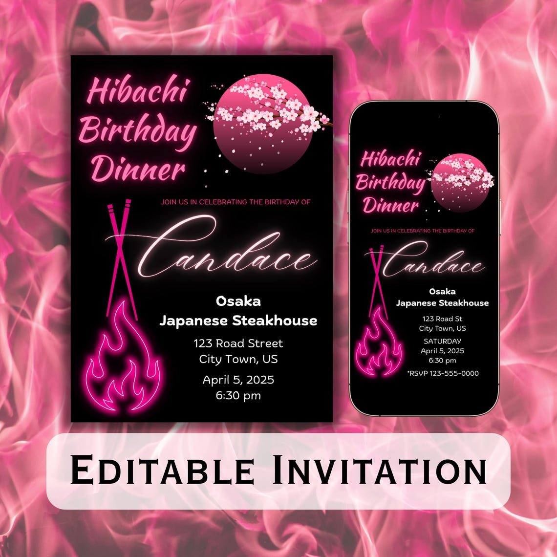 Hibachi Birthday Dinner Invitation, Pink Flame (digital) - Etsy