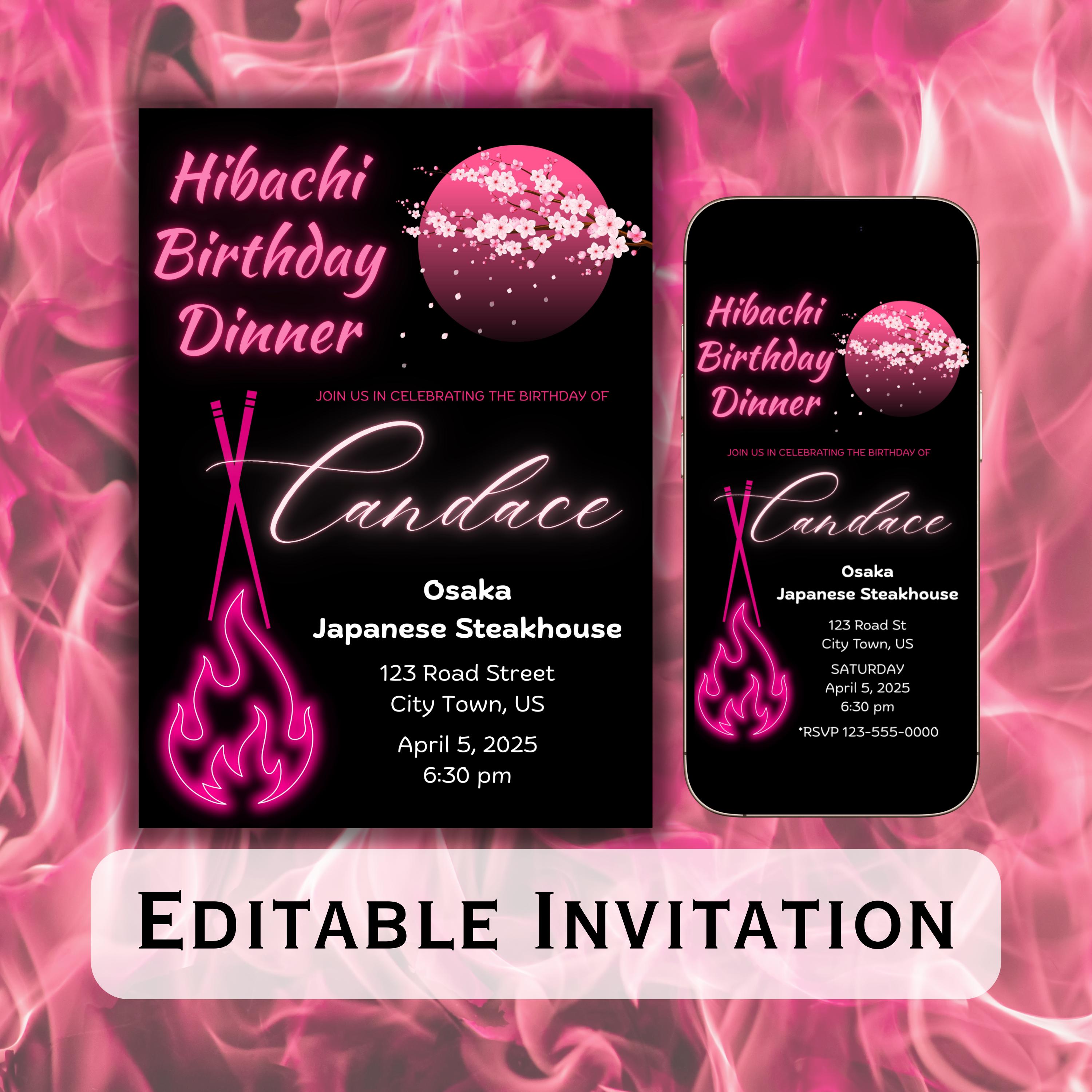 Hibachi Birthday Dinner Invitation, Pink Flame (digital) - Etsy