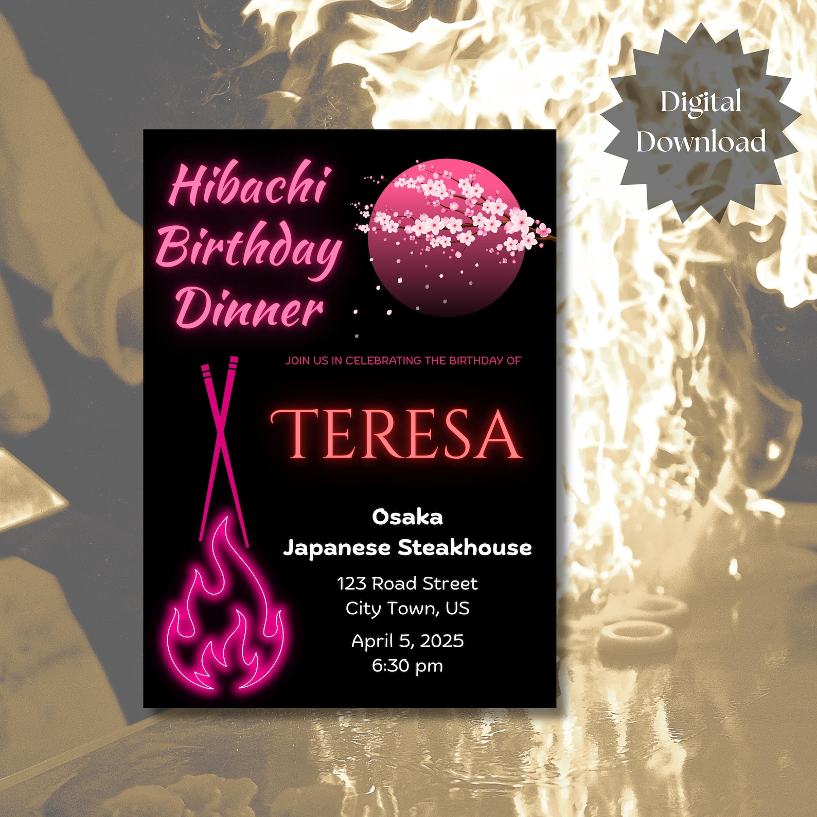 Hibachi Birthday Dinner Invitation, Pink Flame (digital) - Etsy