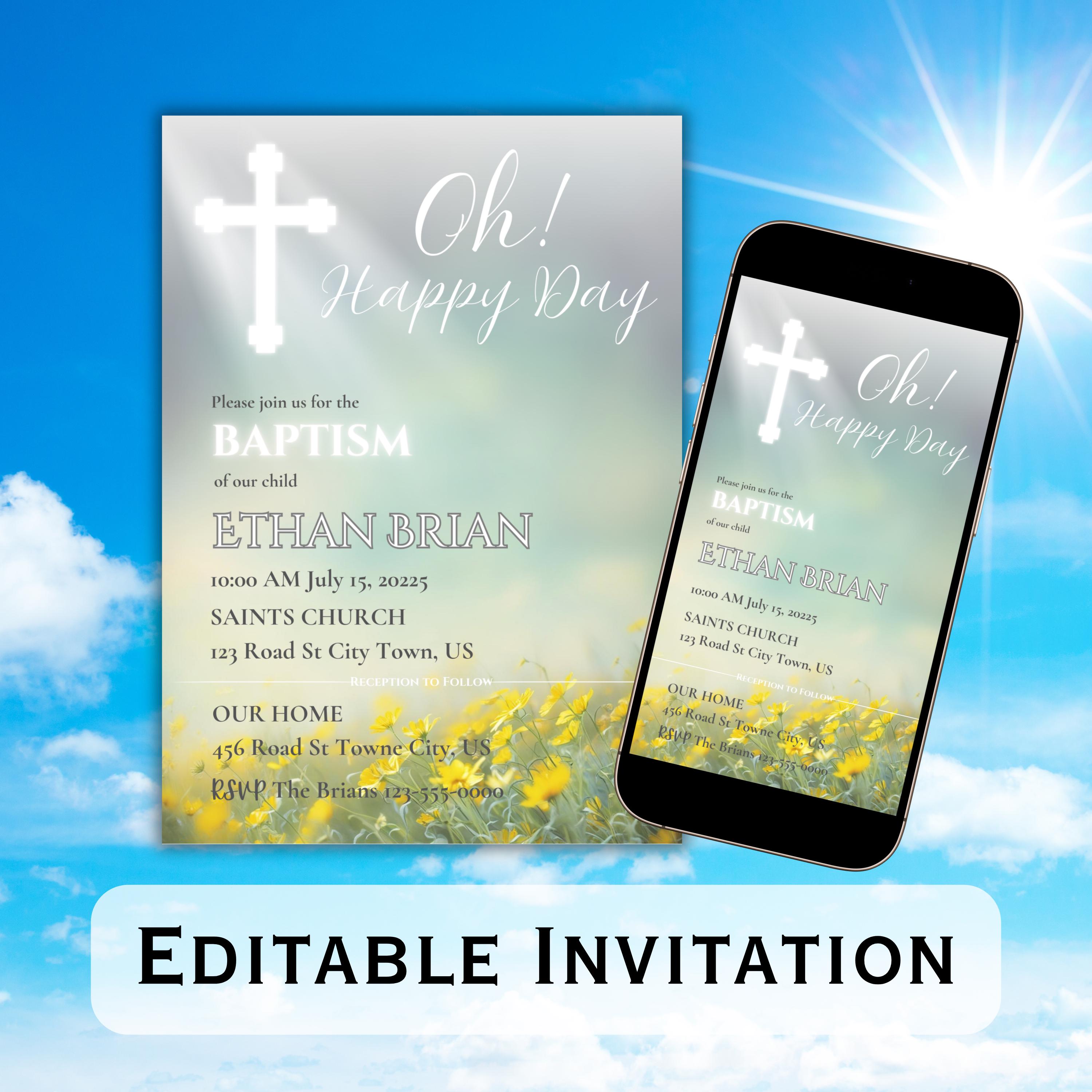 Editable Baptism Invitation Template Floral Field Sunshine Printable ...