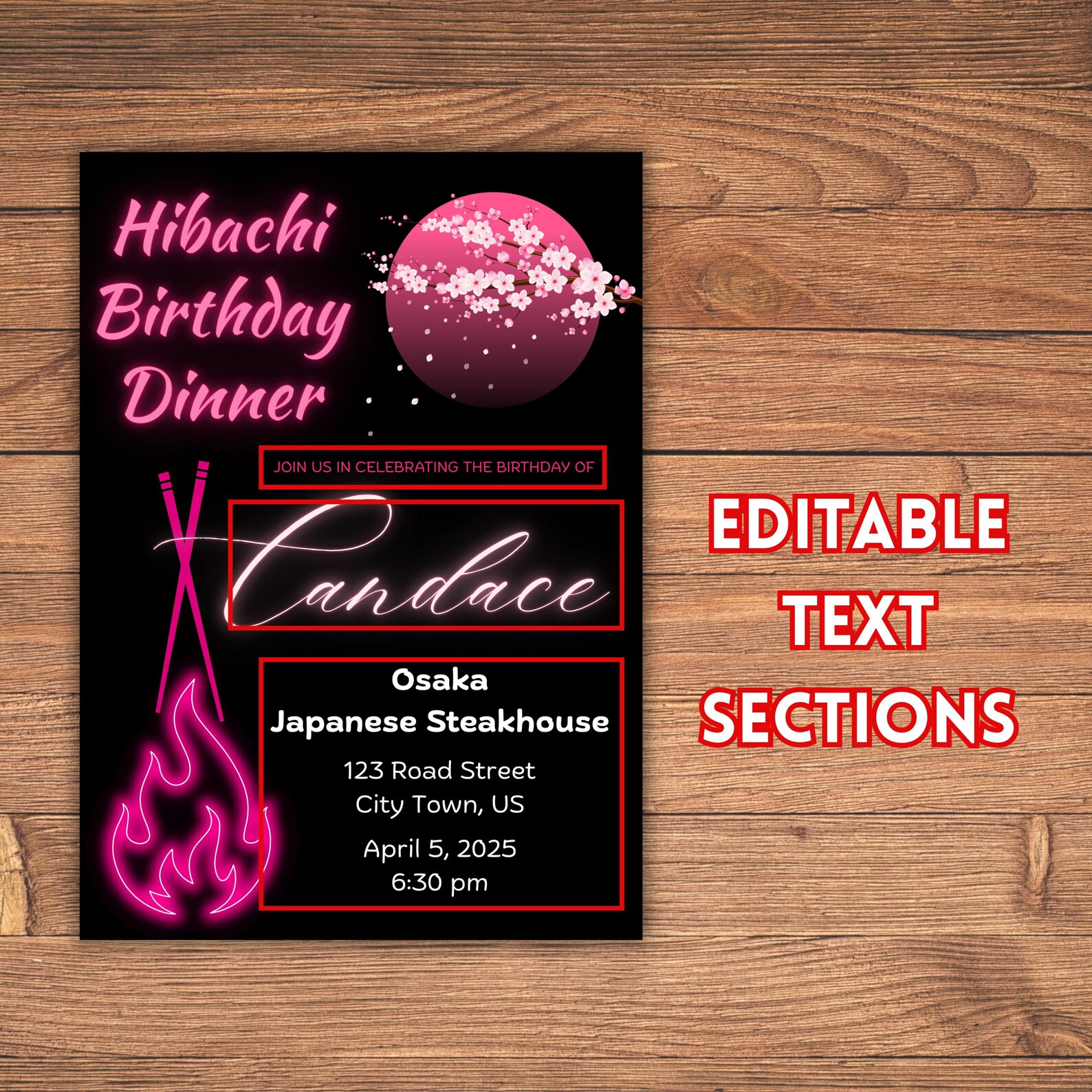 Hibachi Birthday Dinner Invitation, Pink Flame (digital) - Etsy