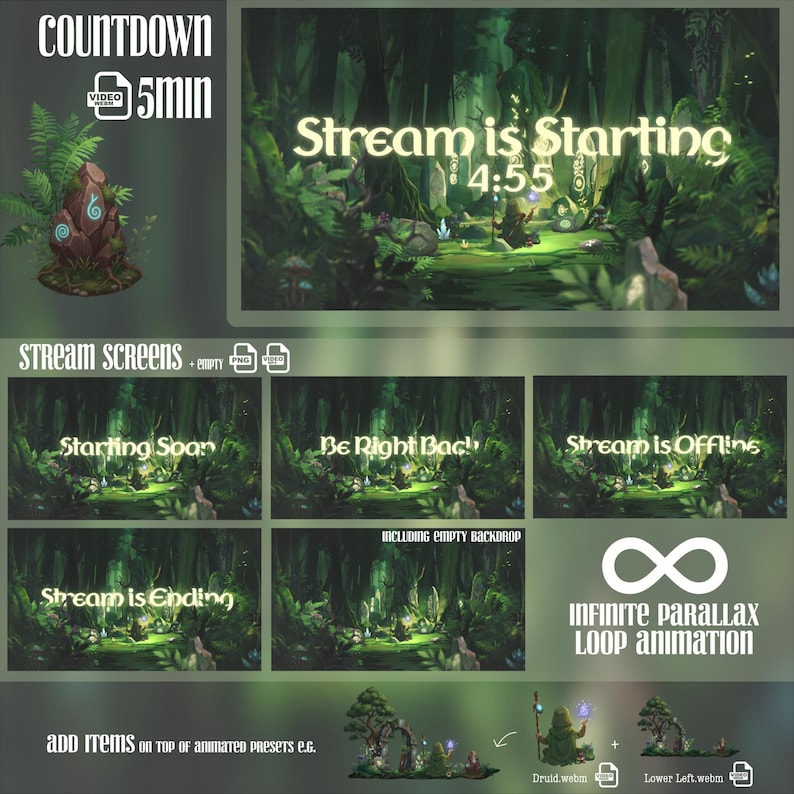 Animated Twitch Overlay Package, Druid Vtuber Magic Nature Theme ...