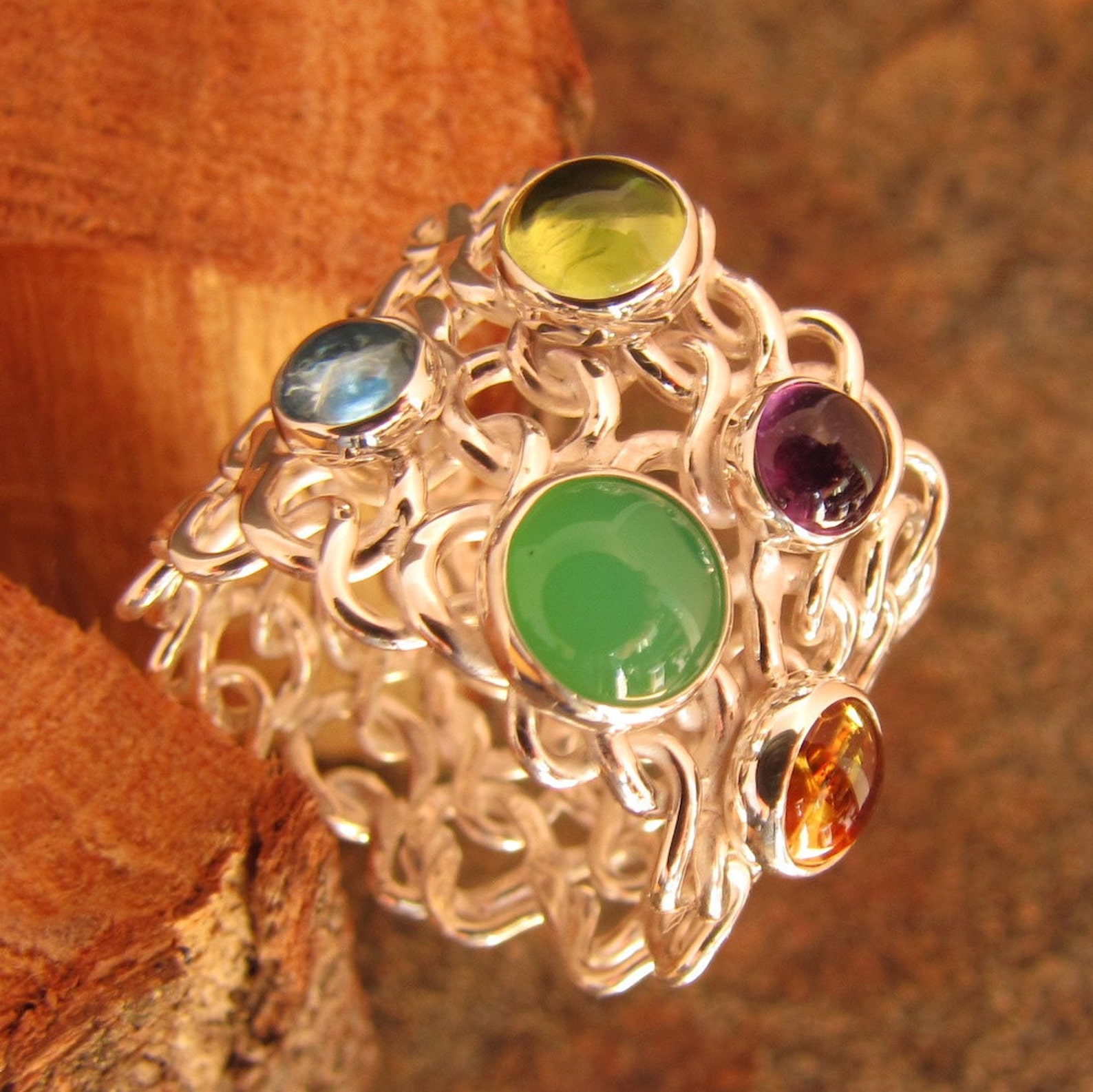 Multistone Woven Silver Ring - Etsy