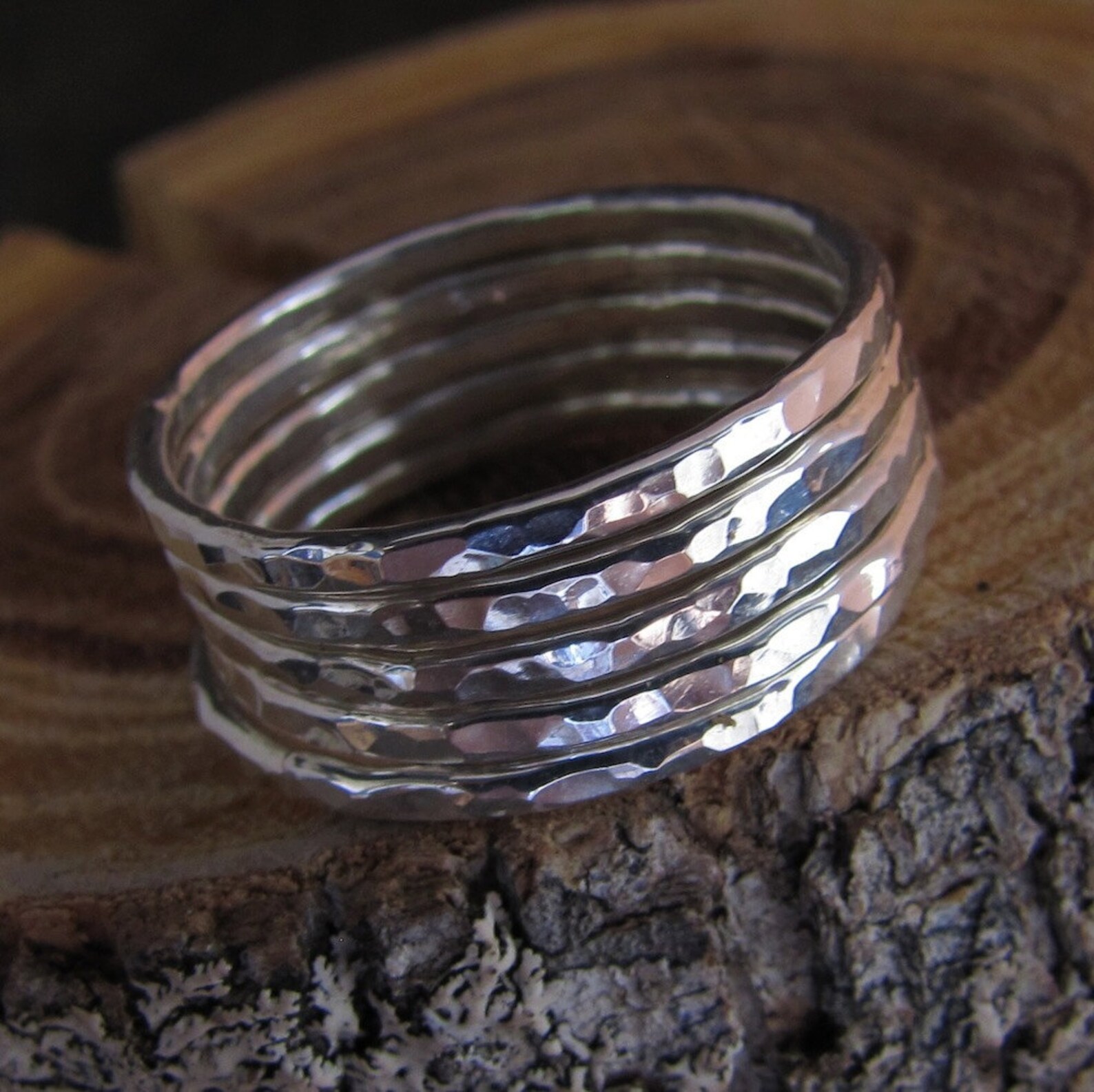 Set of 5 Skinny Hammered Silver Stack Rings - Etsy