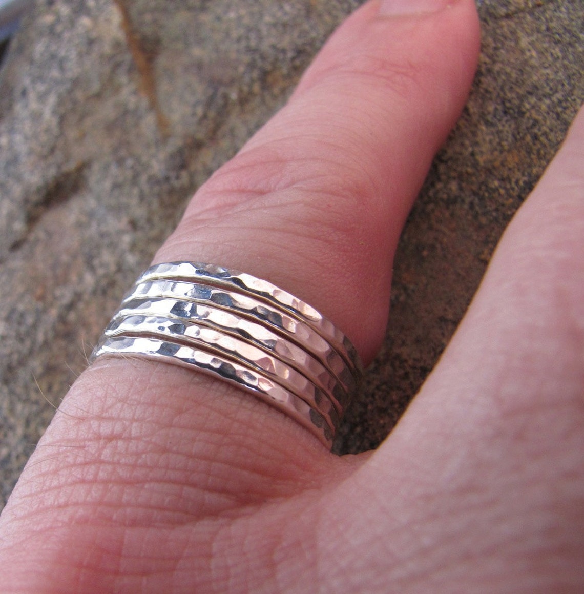 Set of 5 Skinny Hammered Silver Stack Rings - Etsy