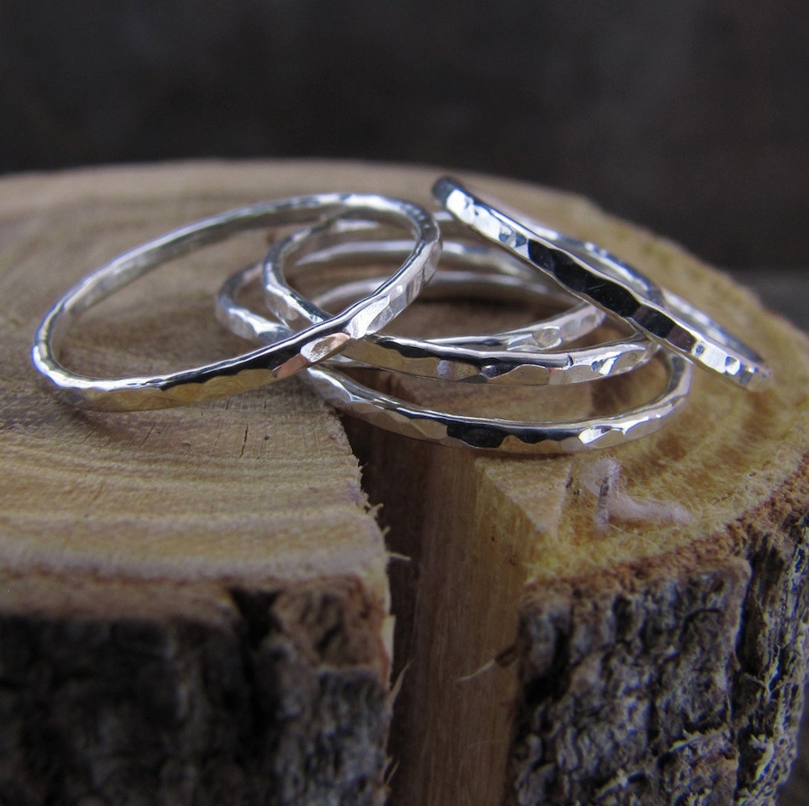 Set of 5 Skinny Hammered Silver Stack Rings - Etsy