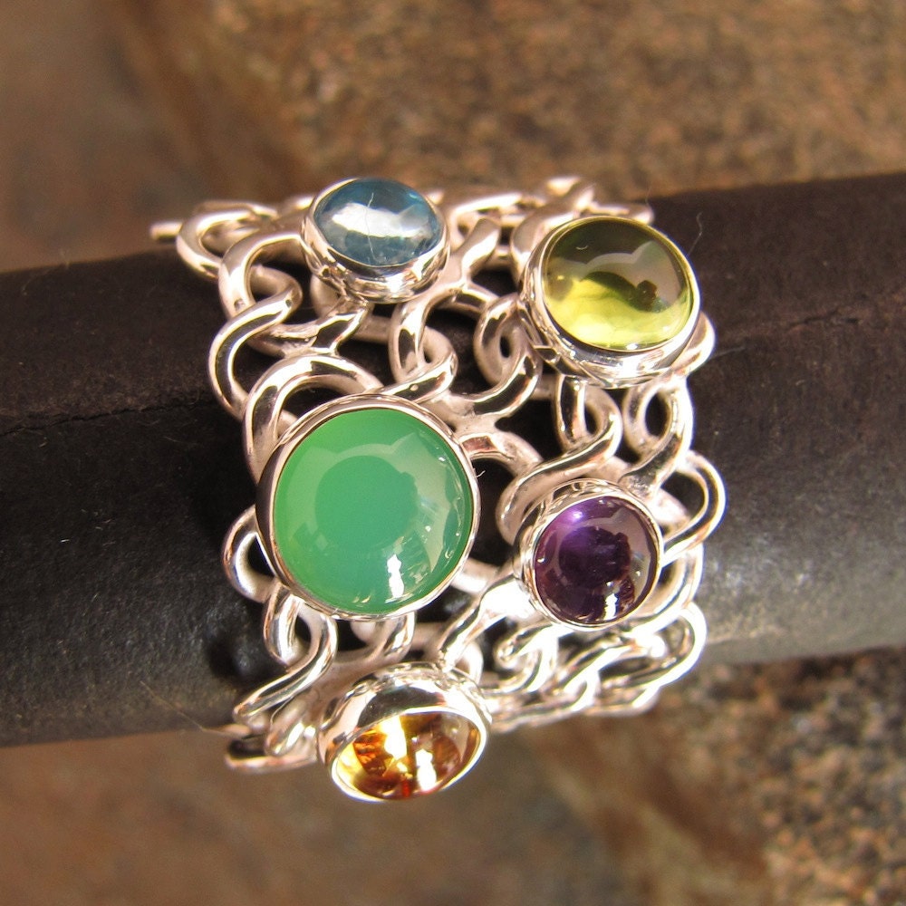 Multistone Woven Silver Ring | Etsy