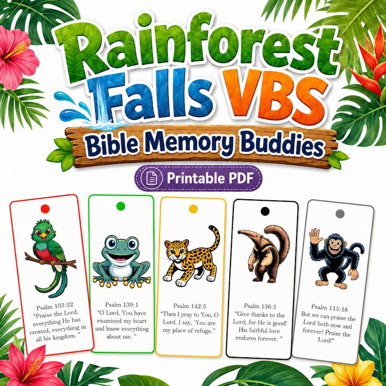 Rainforest Falls VBS Bible Memory Buddies Printable PDF, Memory Verse ...