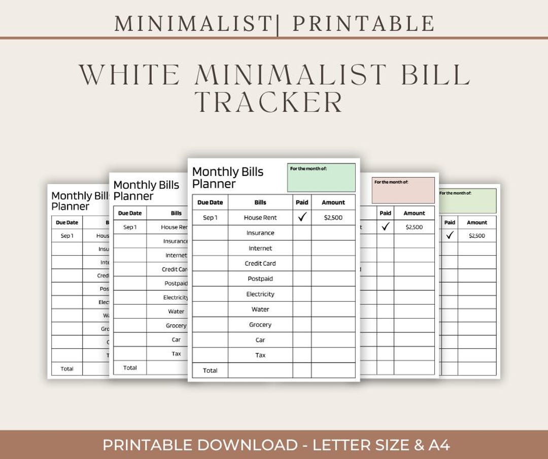 White Minimalist Bill Tracker Printable Planner Digital Planner for ...