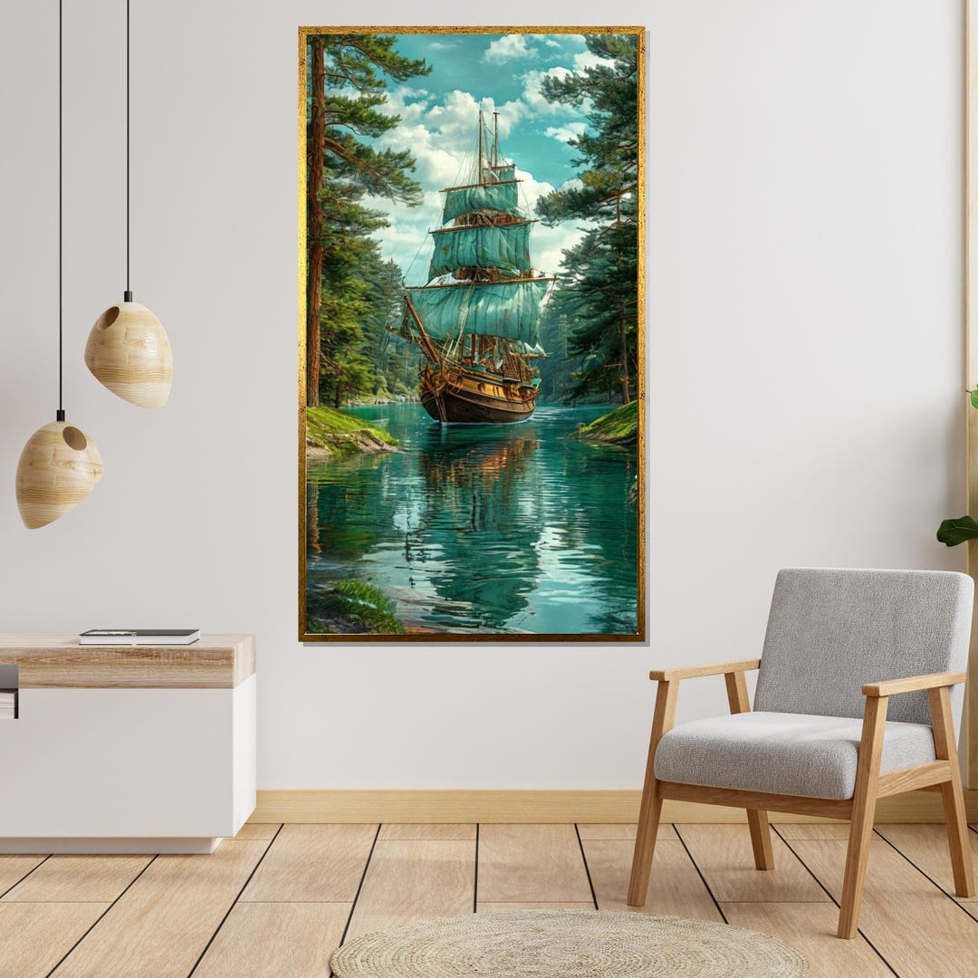 Majestic Sailing Ship Canvas, Nautical Wall Art, Ship in Forest Waterway Print, Wall Art Canvas ...