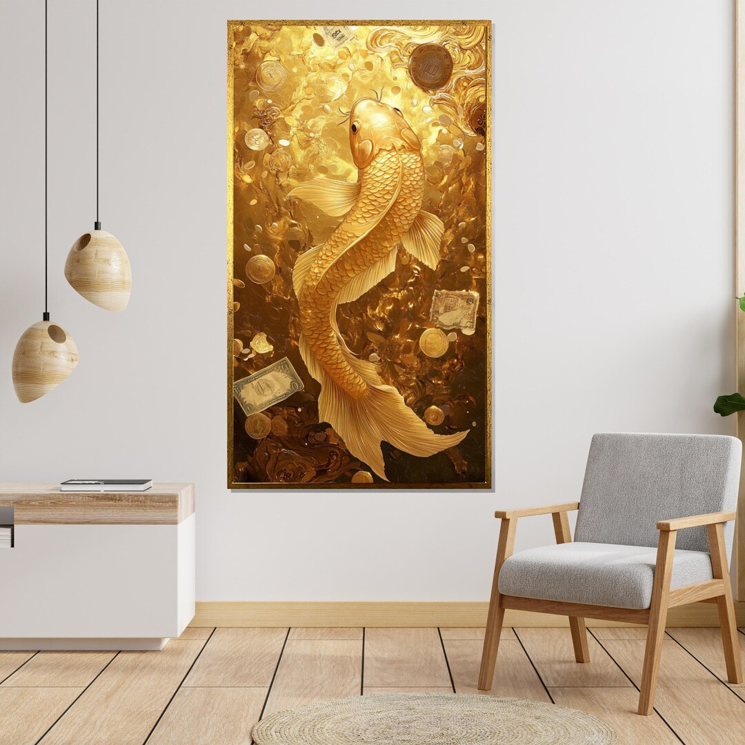 Golden Koi Canvas, Gold Fish Wall Art, Wealth Symbol Art, Wall Art ...
