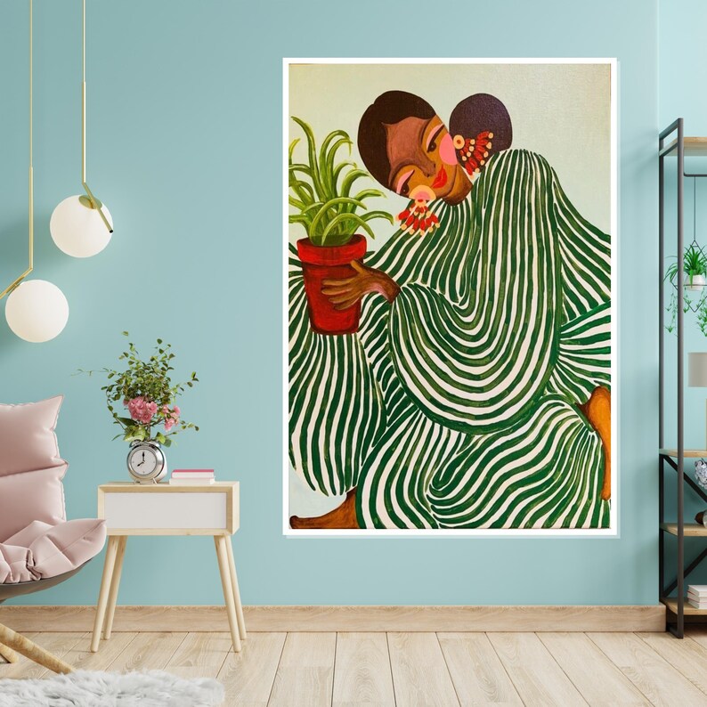 Colorful Woman With Plant, Striped Dress Art, Abstract Canvas Design ...