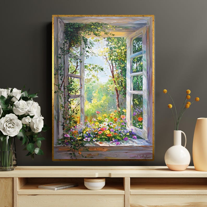 Serene Garden View, Open Window Canvas, Floral Wall Art, Nature ...