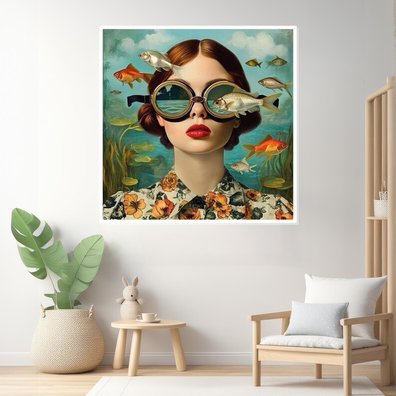 Surreal Fishbowl Glasses, Retro Woman Art, Quirky Wall Art Canvas ...