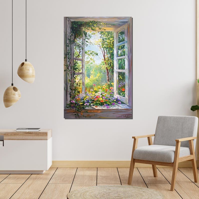 Serene Garden View, Open Window Canvas, Floral Wall Art, Nature ...